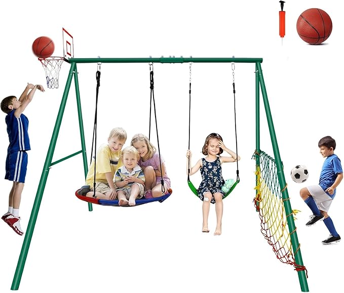 CYFIE Kids Swing Set with Saucer Belt Swings Basketball Hoop Soccer ...